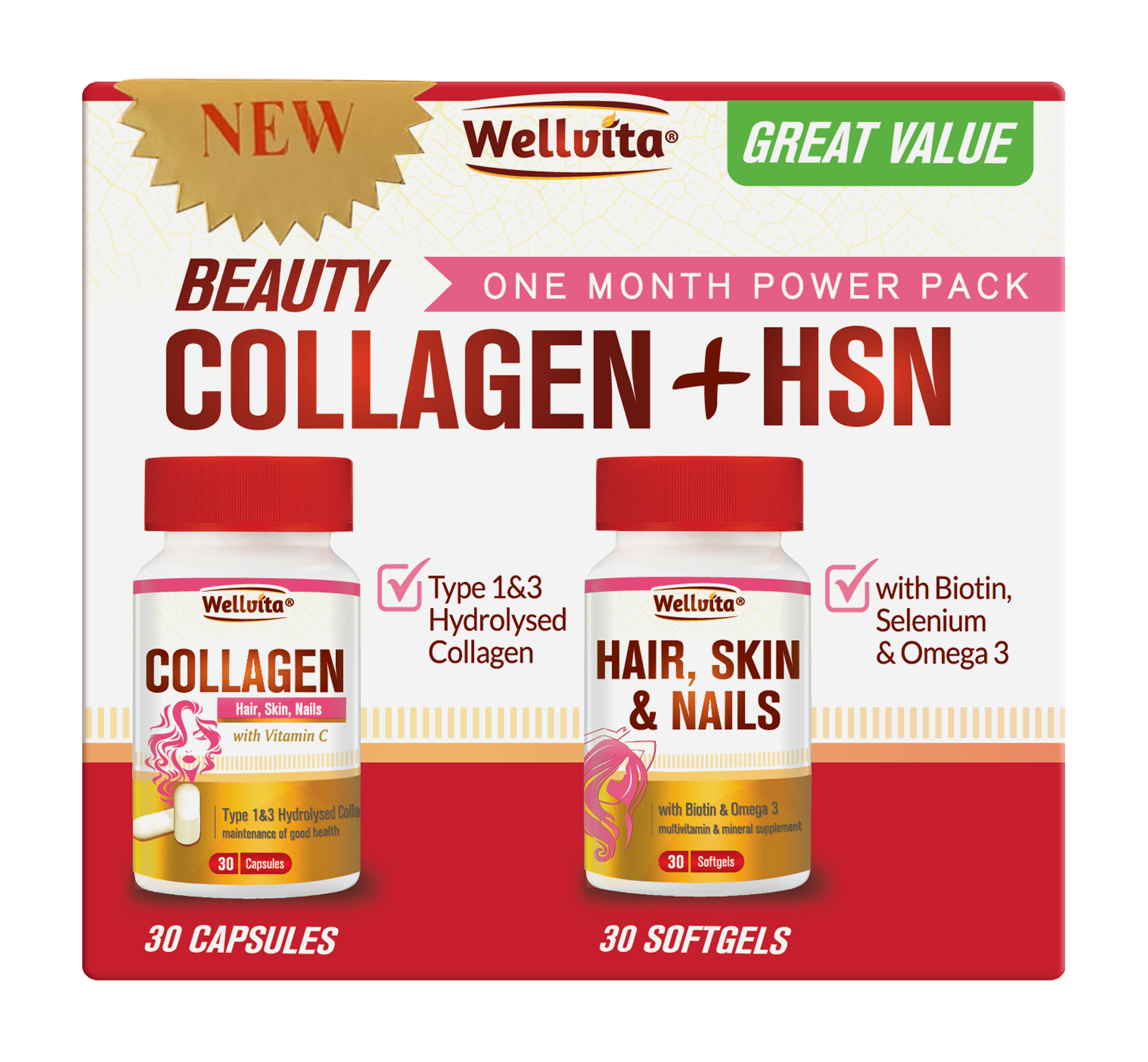 Beauty Collagen & Hair, Skin, Nails Value Pack -WELLVITA - Wellvita